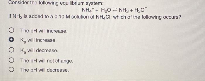 Solved Consider the following equilibrium system: NH4+ + H20 | Chegg.com
