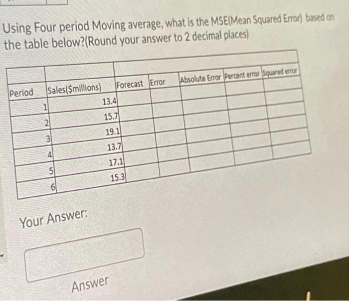 Solved Using Four period Moving average, what is the | Chegg.com
