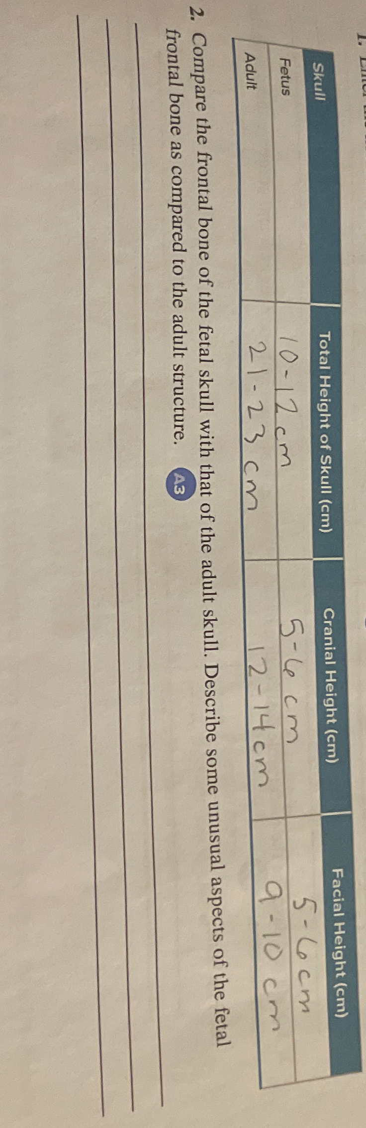 Solved \table[[Skull,Total Height of Skull (cm),Cranial | Chegg.com