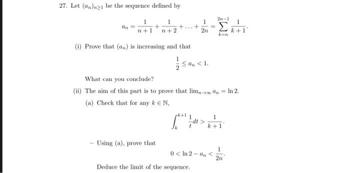 Solved 27. Let (an)n≥1 be the sequence defined by | Chegg.com
