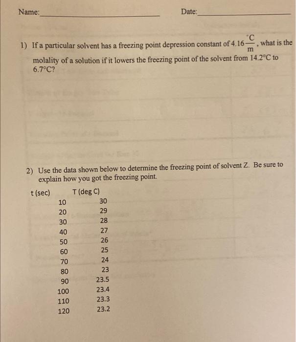 Solved Name: Date: 1) If a particular solvent has a freezing | Chegg.com