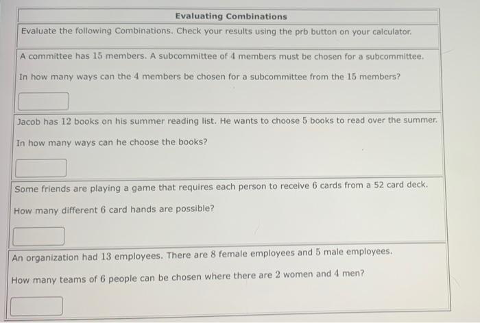 Solved Evaluating Combinations Evaluate the following | Chegg.com