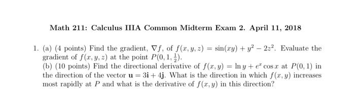Solved Math 211: Calculus IIIA Common Midterm Exam 2. April | Chegg.com