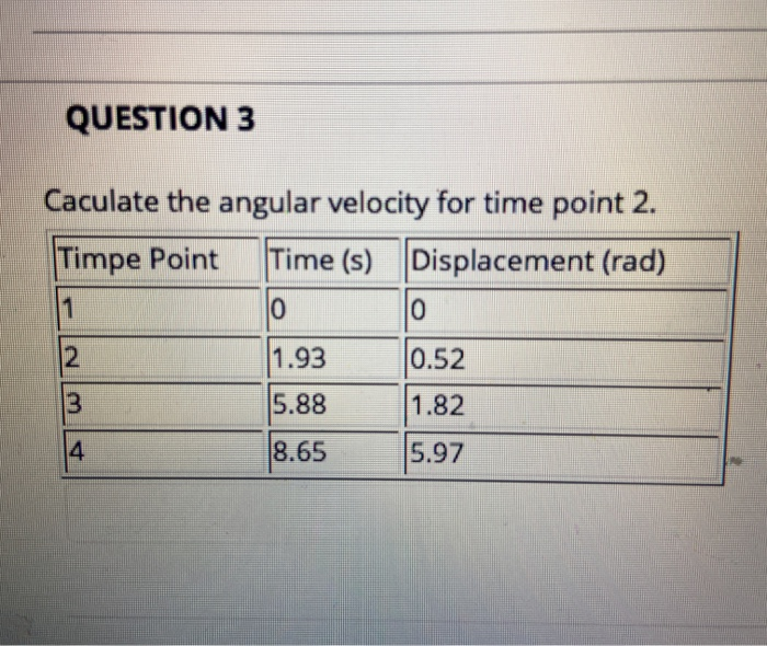 Solved QUESTION 3 Caculate the angular velocity for time | Chegg.com