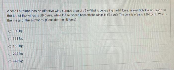 Solved A small airplane has an effective wing surface area | Chegg.com