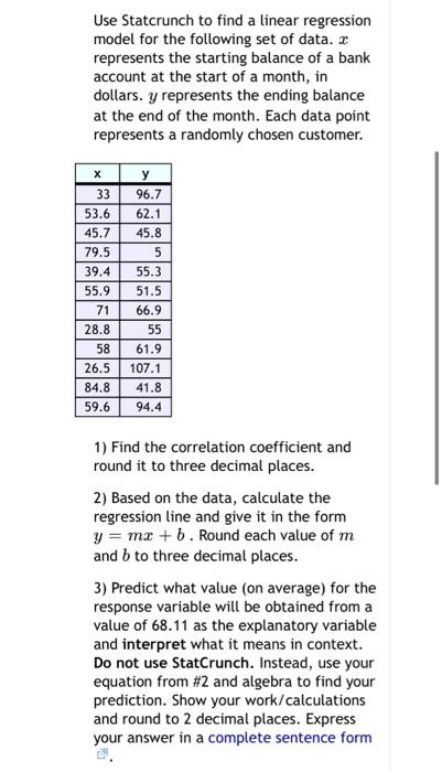 Solved Use Statcrunch to find a linear regression model for | Chegg.com
