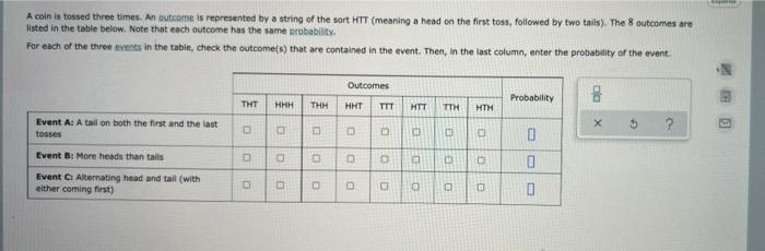 Solved A coin is tossed three times. An outcome is | Chegg.com
