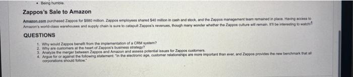 Solved Case Chapter 11: Zappos is Passionate for Customers | Chegg.com