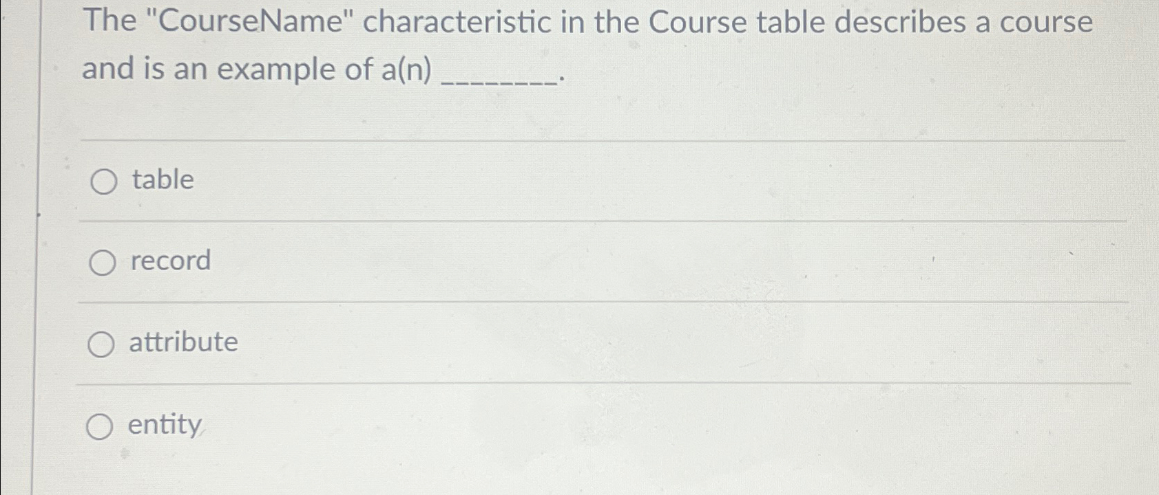 Solved The "CourseName" characteristic in the Course table | Chegg.com