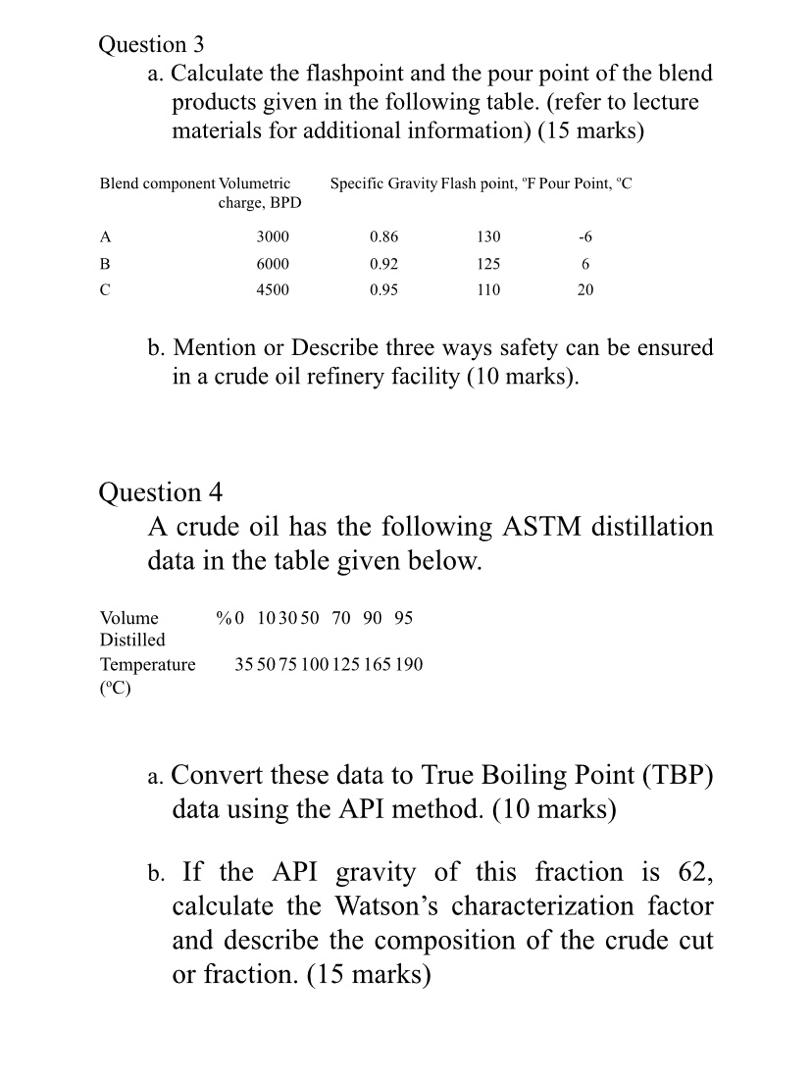 Solved Question 3a. ﻿Calculate the flashpoint and the pour | Chegg.com