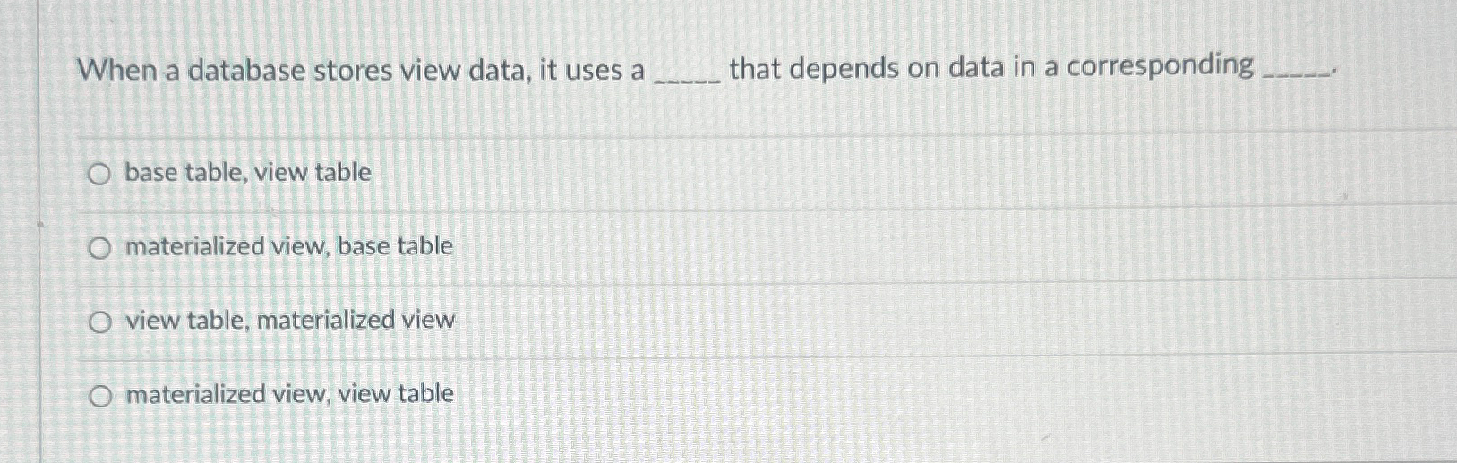 Solved When a database stores view data, it uses a that | Chegg.com