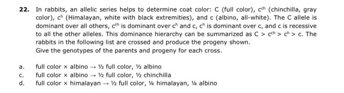 Solved 22. In rabbits, an allelic series helps to determine | Chegg.com
