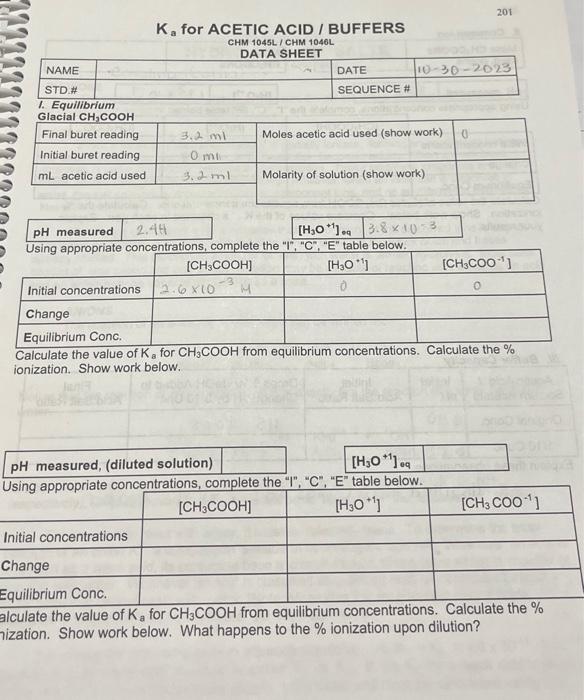 Solved Ka for ACETIC ACID / BUFFERS CHM 1045L/ CHM 1040L | Chegg.com