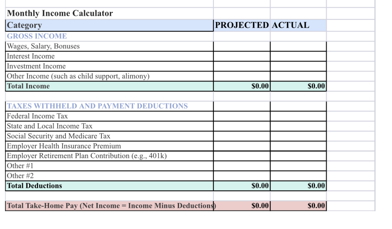 Monthly Income CalculatorCategoryPROJECTED | Chegg.com