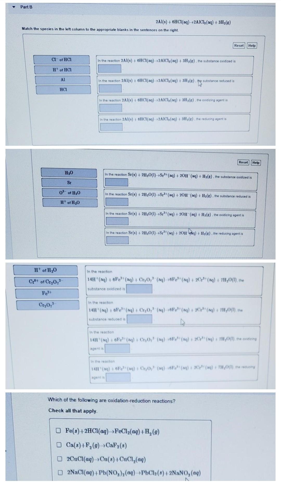 Solved Part B 2Al(s) + 6HCl(aq) +2AICI:(aq) + 3H2(g) Match | Chegg.com
