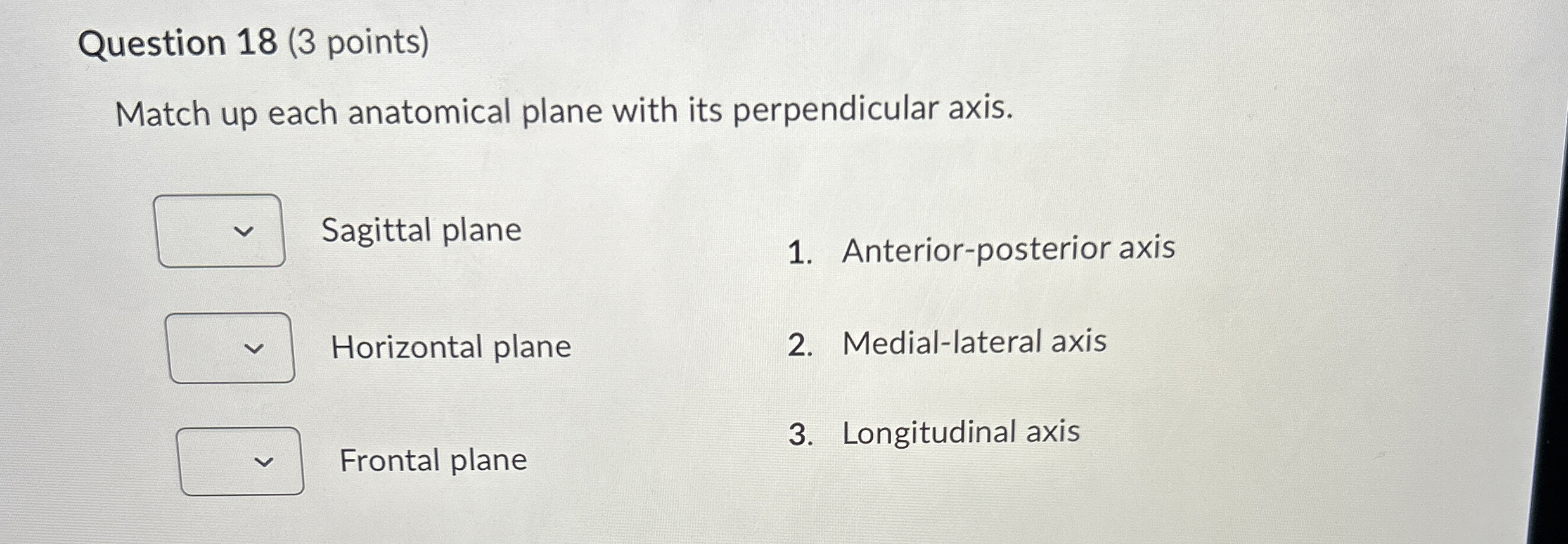 Solved Question 18 (3 ﻿points)Match up each anatomical plane | Chegg.com