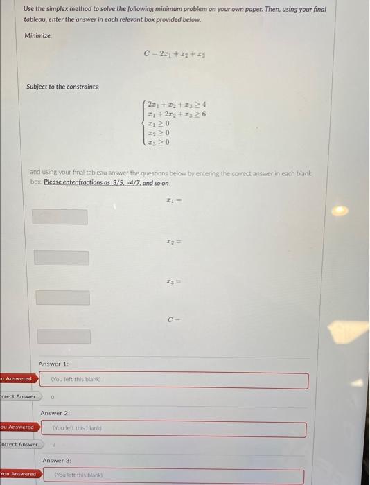 Solved Use the simplex method to solve the following minimum | Chegg.com