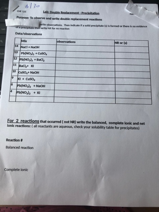 Solved 6130 CHE 121 Lab: Double Replacement - Precipitation | Chegg.com