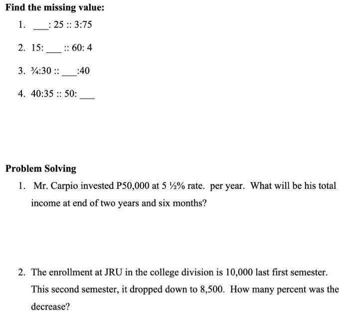 Solved Day 2: Exercise 3: Percent, Ratio and Proportion | Chegg.com