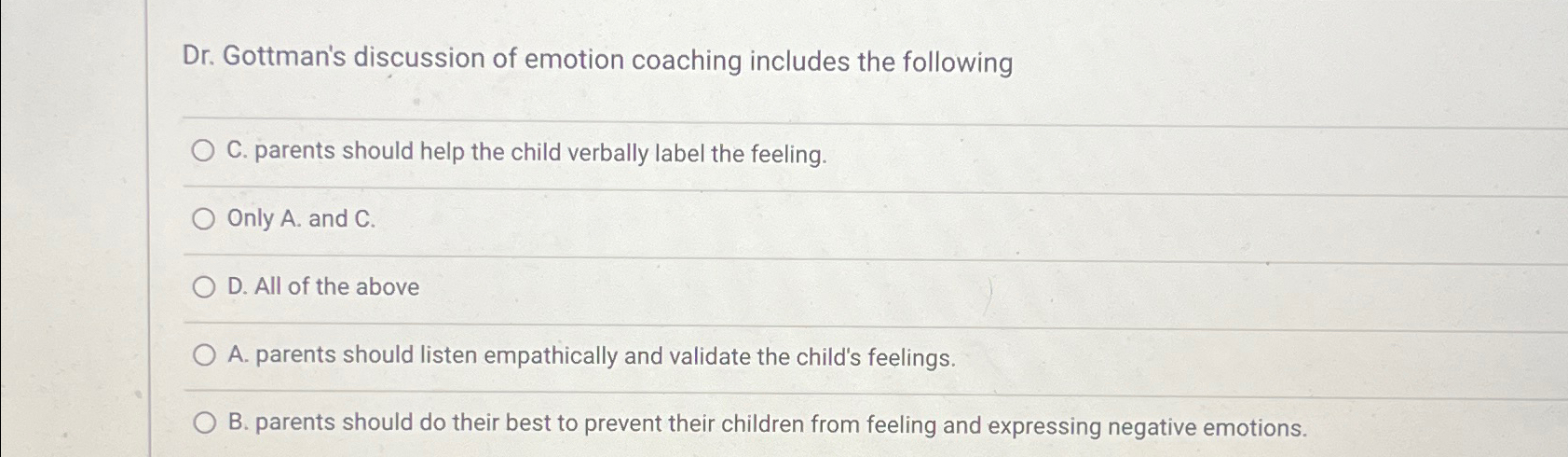 Solved Dr. ﻿Gottman's discussion of emotion coaching | Chegg.com