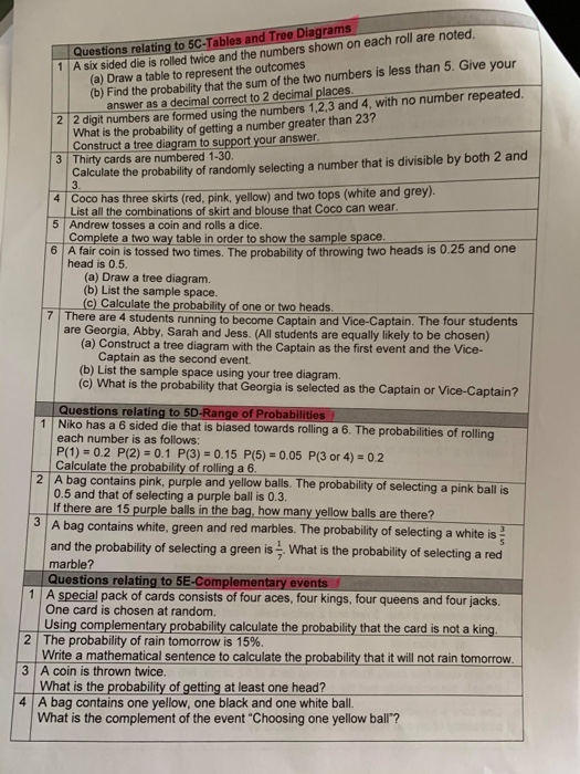 Solved Questions relating to 5C-Tables and Tree Diagrams A | Chegg.com