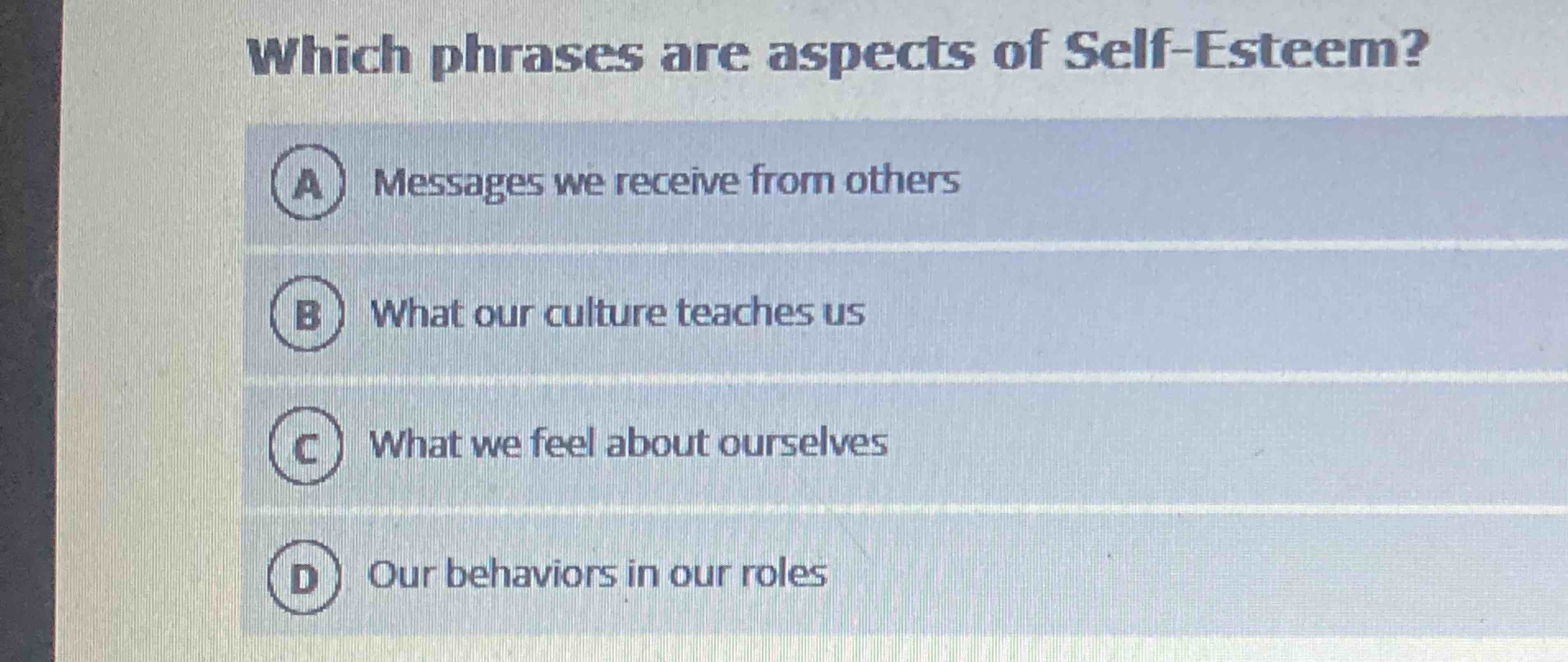 Solved Which phrases are aspects of Self-Esteem?Messages we | Chegg.com