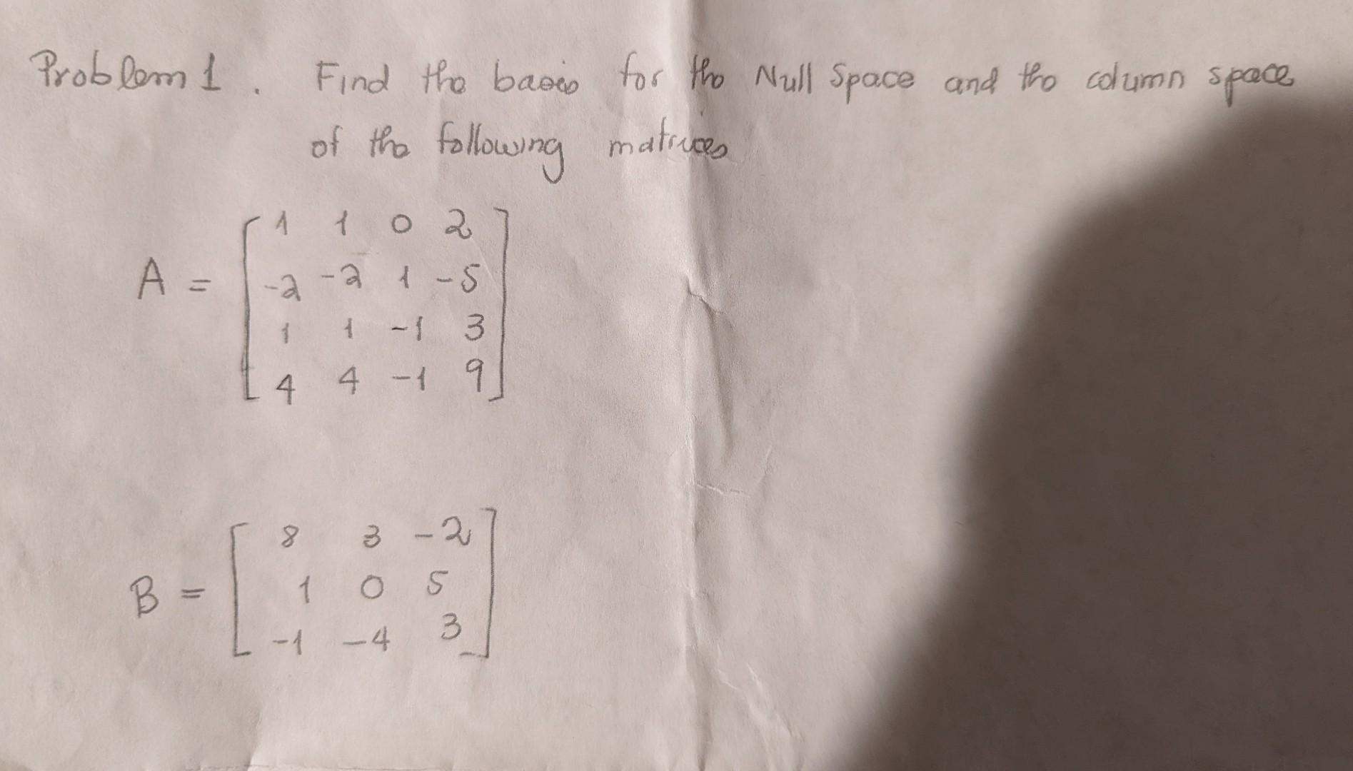 Solved Problem 1. Find the bases for tho Null Space and tho | Chegg.com
