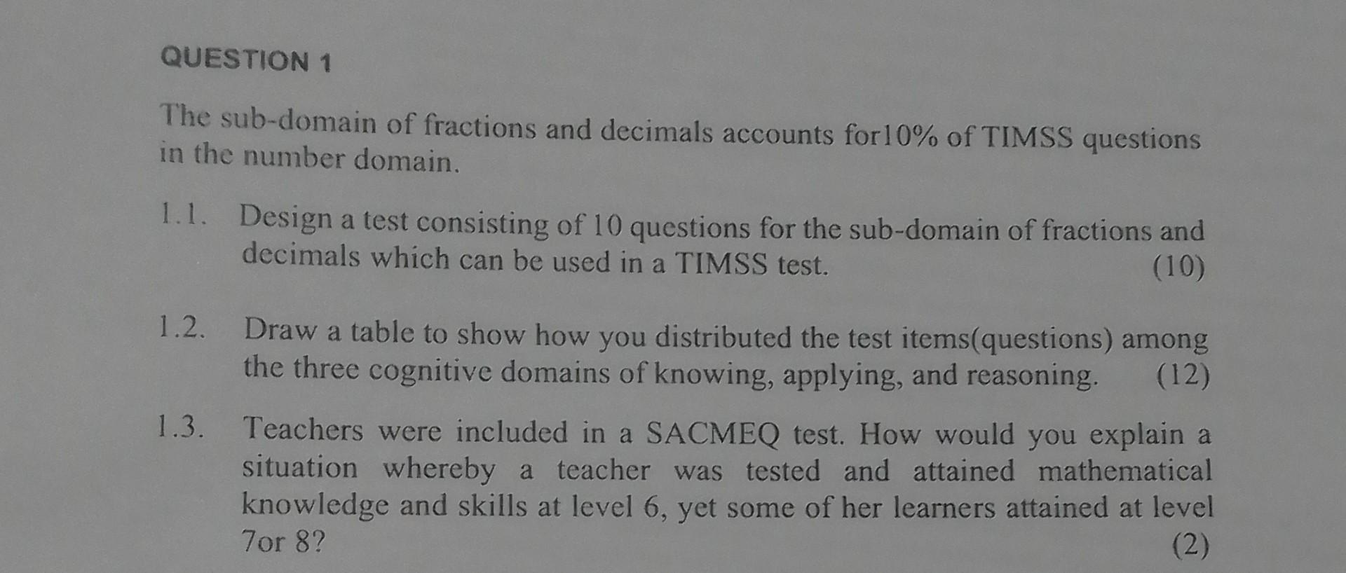 Solved QUESTION 1 The sub-domain of fractions and decimals | Chegg.com