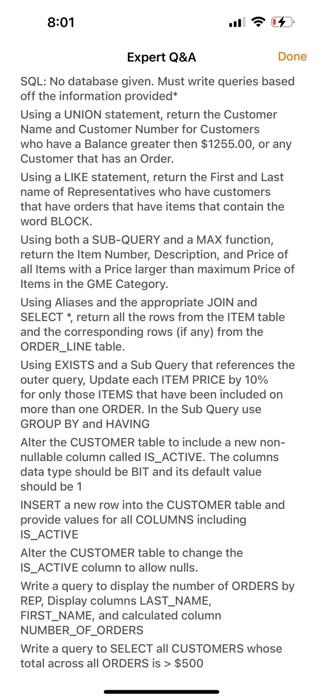 SQL: No database given. Must write queries based off | Chegg.com