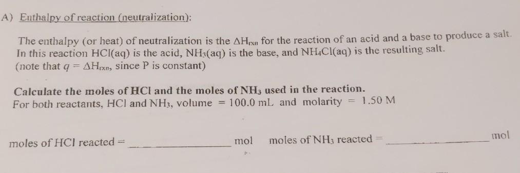 Solved A) Enthalpy of reaction (neutralization): The | Chegg.com