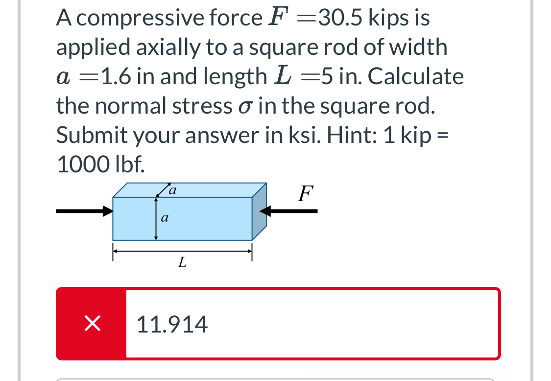 Solved A compressive force F=30.5 ﻿kips is applied axially | Chegg.com