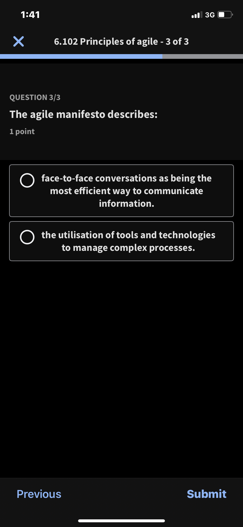 Solved 1:41→13G6.102 ﻿Principles of agile -3 ﻿of 3QUESTION | Chegg.com