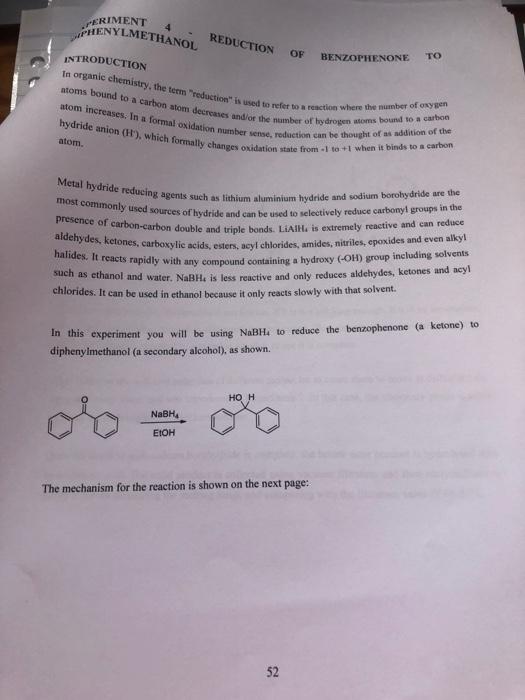 Solved PERIMENT 4 PHENYLMETHANOL REDUCTION OF BENZOPHENONE | Chegg.com