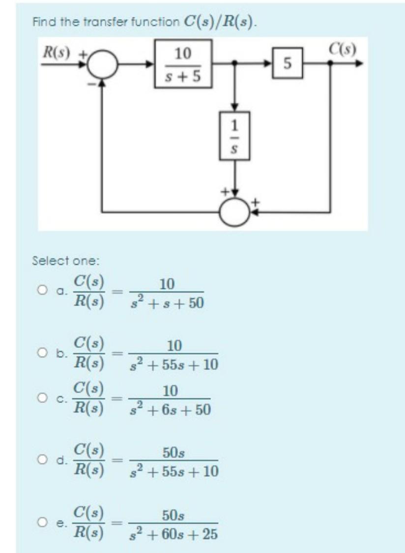 Solved Find the transfer function C(s)/R(s). R(S) 10 C(s) 5 | Chegg.com