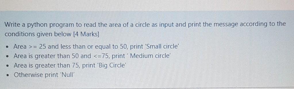 Solved Write a python program to read the area of a circle | Chegg.com