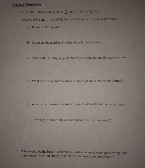 Solved Pre-Lab Questions 1. Given the unbalanced equation 2 | Chegg.com