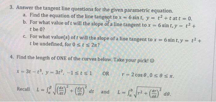 Solved 3. Answer the tangent line questions for the given | Chegg.com