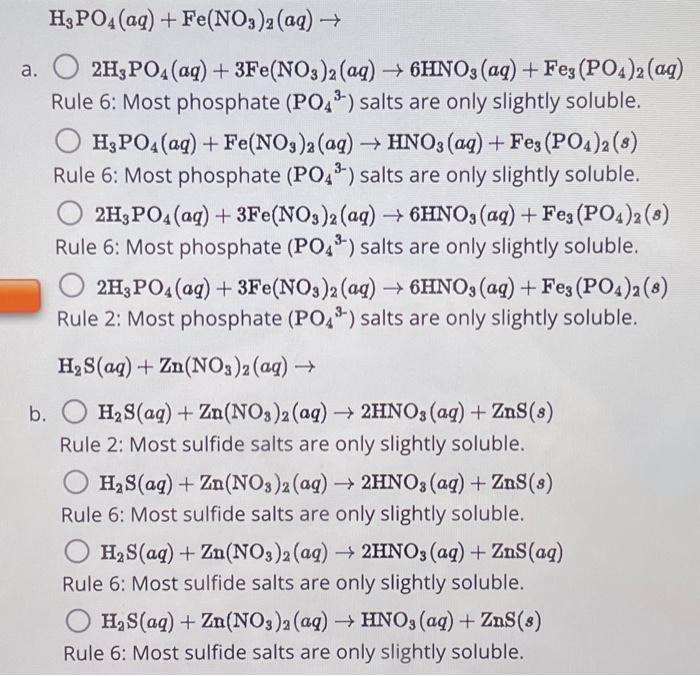 Solved H3PO4(aq)+Fe(NO3)2(aq)→ a. | Chegg.com