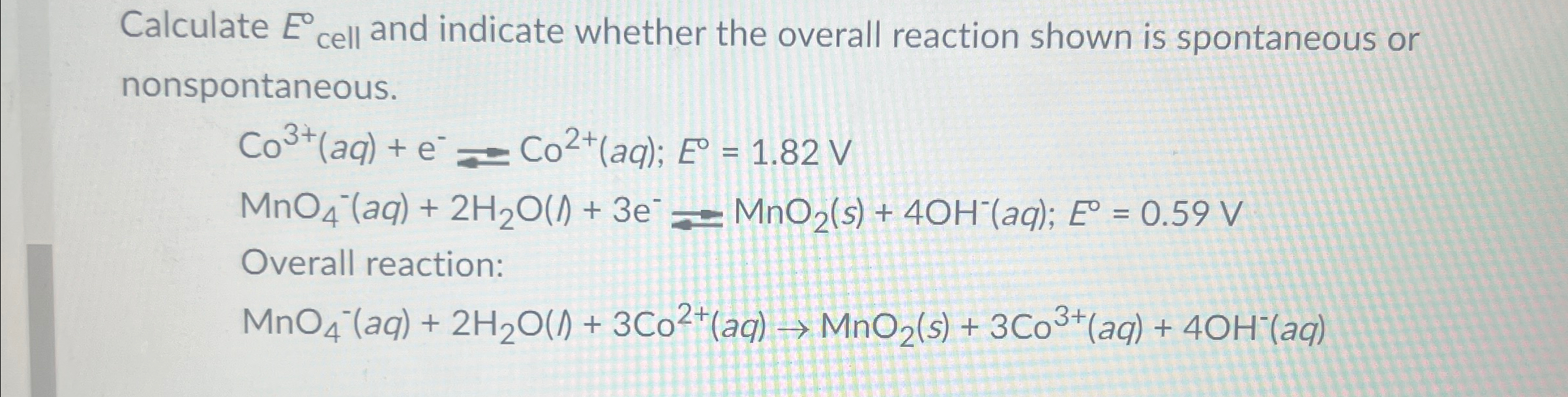 Solved Calculate E°?cell ﻿and indicate whether the overall | Chegg.com