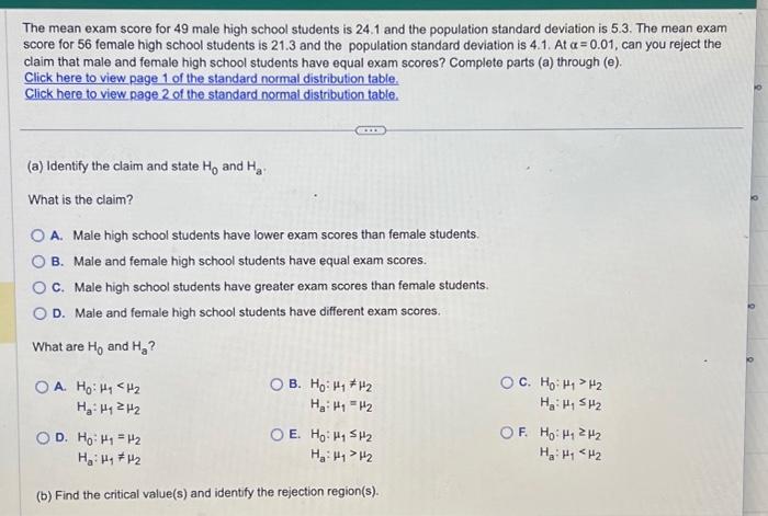 Solved The mean exam score for 49 male high school students | Chegg.com