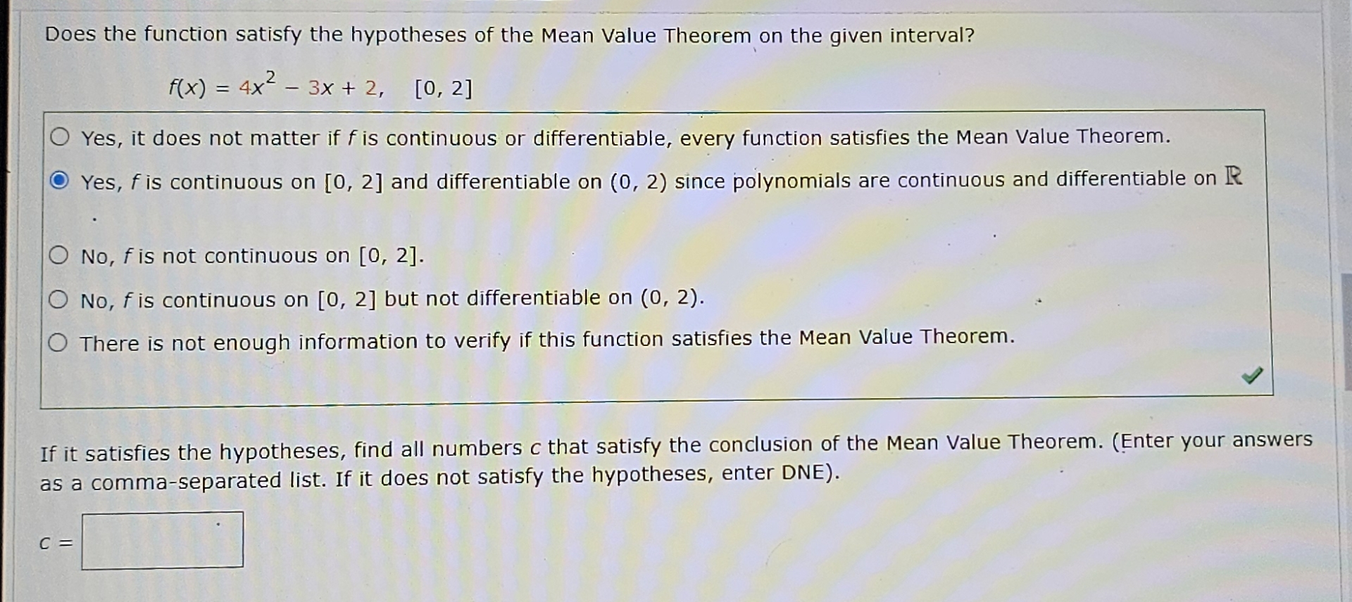 Solved Does the function satisfy the hypotheses of the Mean | Chegg.com
