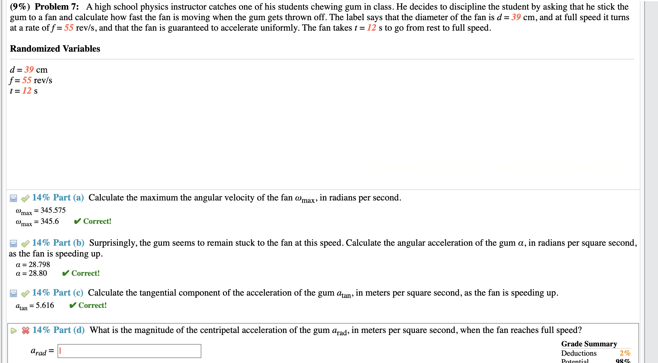 Solved (9%) ﻿Problem 7: A high school physics instructor | Chegg.com