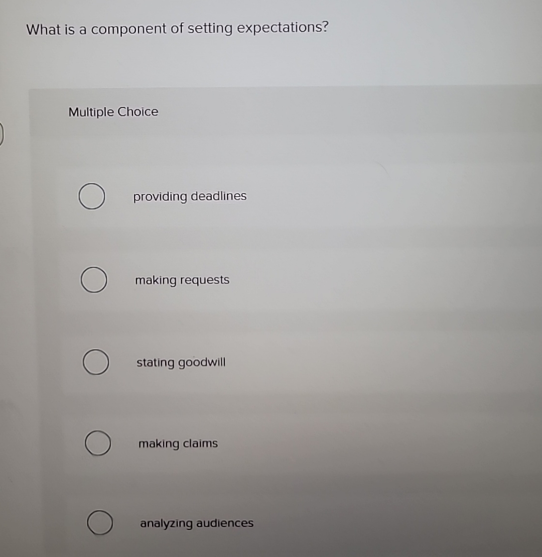 Solved What is a component of setting expectations?Multiple | Chegg.com