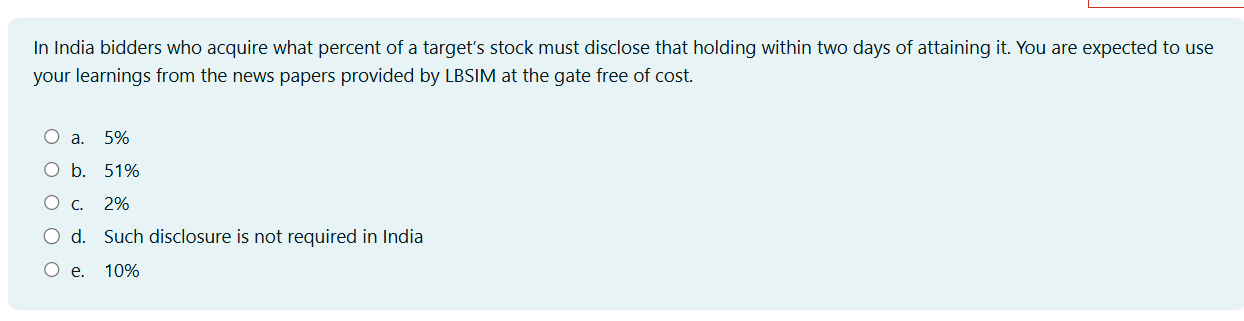 Solved In India bidders who acquire what percent of a | Chegg.com