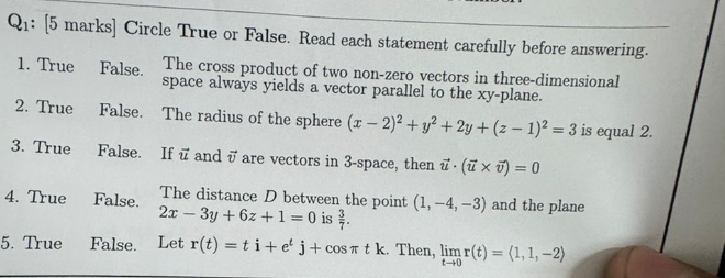 Solved Q 1 ﻿: [5 ﻿marks] ﻿Circle True or False. Read each | Chegg.com