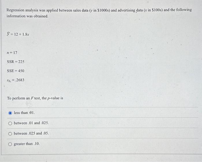 Solved Regression Analysis Was Applied Between Sales Data Y