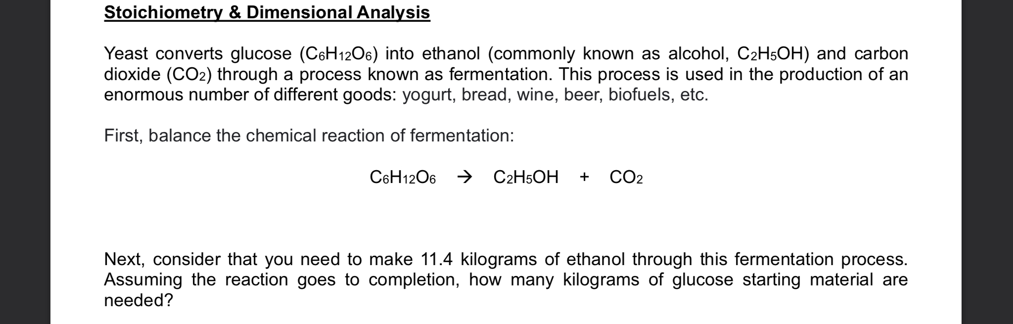 Solved Stoichiometry & Dimensional AnalysisYeast converts | Chegg.com