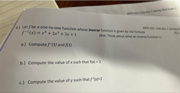 Solved 4.) Let f be a one-to-one function whose inverse | Chegg.com