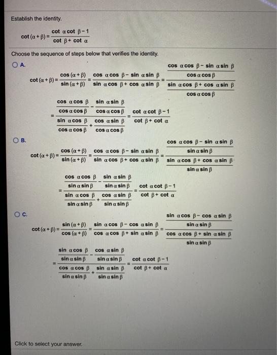 Solved Establish the identity. cot acot B-1 cot (a+B) = cot | Chegg.com