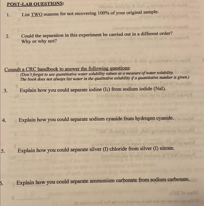Solved POST-LAB OUESTIONS: 1. List TWO reasons for not | Chegg.com
